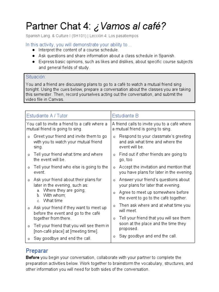 BRE SH101 - Partner Chat 4 (Handout) - Vamos Al Cafe-1 | PDF ...