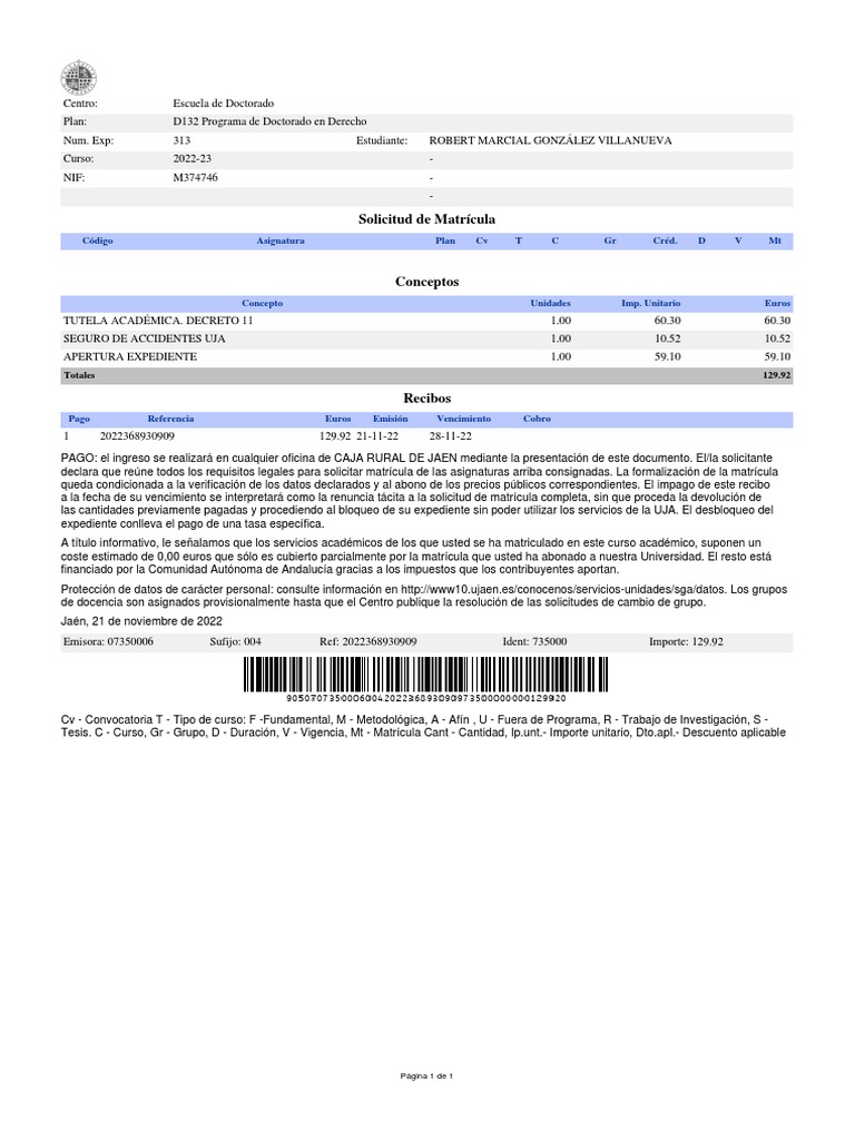 Solicitud de Matrícula: Código Asignatura Plan CV T C GR Créd. D V MT | PDF | Gobierno