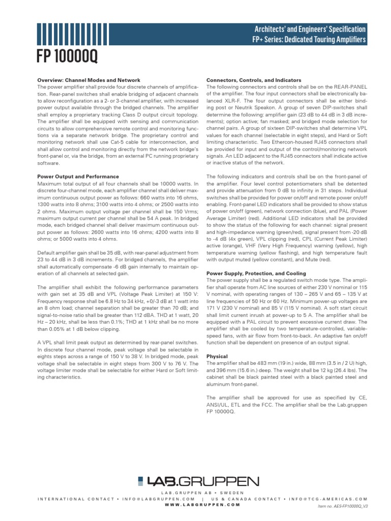 FPplus Series AE Specifications AES-FP10000Q V3 | PDF | Amplifier | Decibel