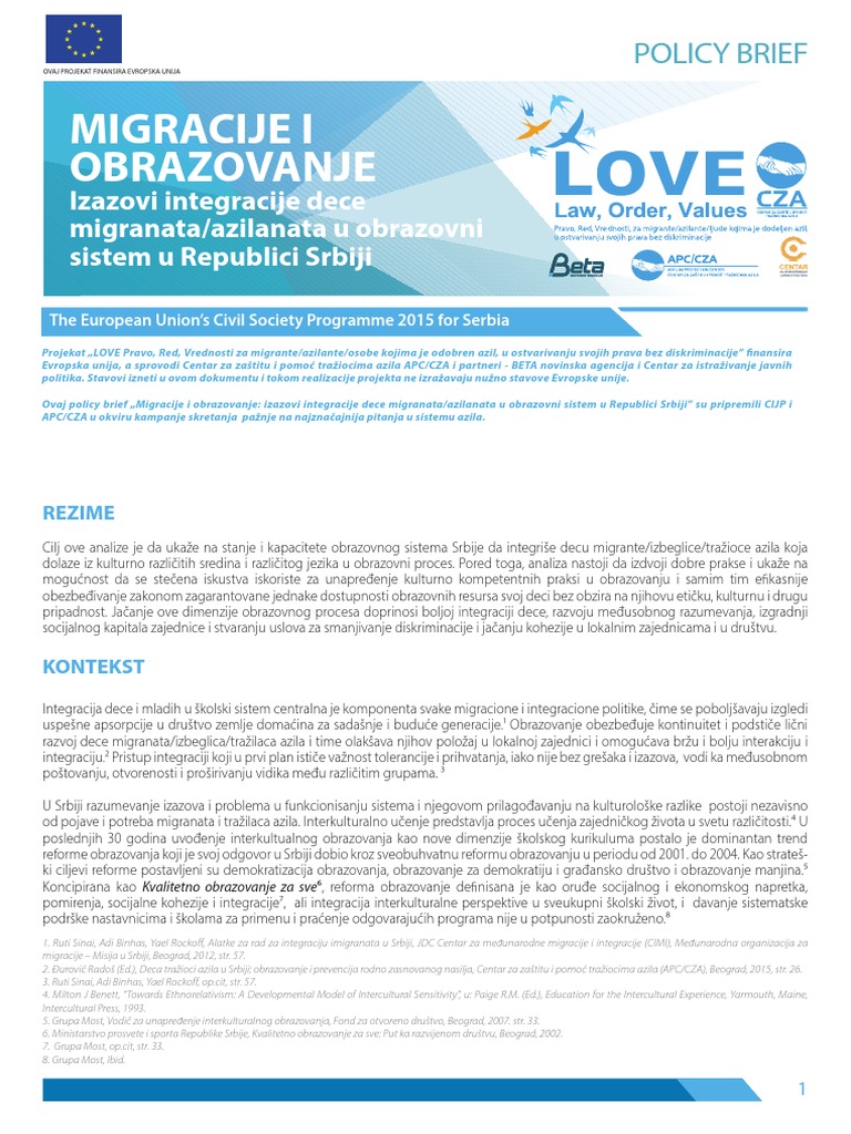 MIGRACIJE I OBRAZOVANJE Izazovi Integracije Dece Migranata Azilanata F | PDF