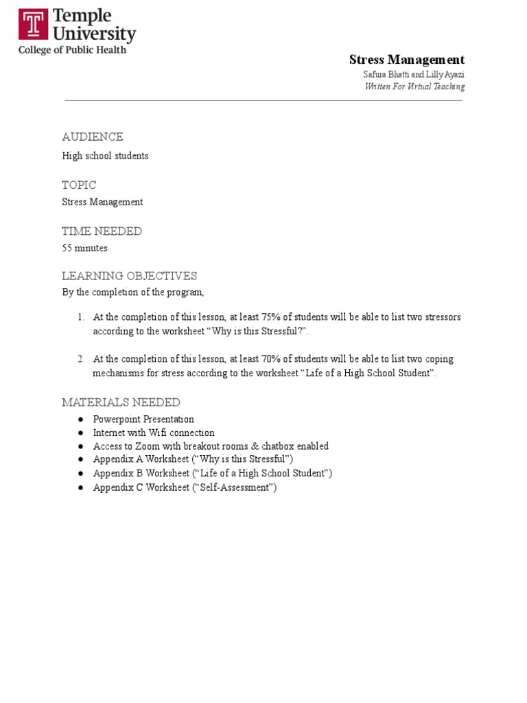 High School Stress Management Lesson Plan | PDF | Stress (Biology ...