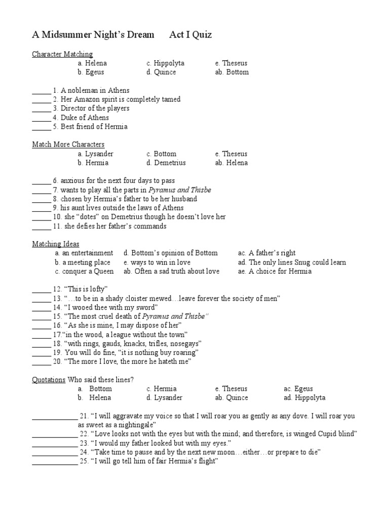 A Midsummer Night's Dream Act I Quiz | PDF | A Midsummer Night's Dream ...