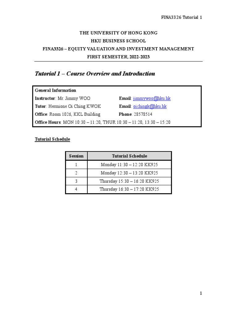 An Introduction to Equity Valuation and Investment Management: Course Overview, Elements of ...