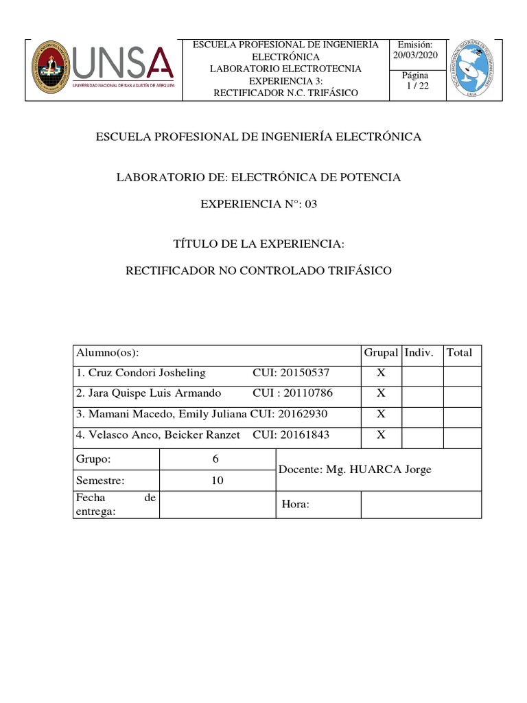 GRUPO 06 - Lab03 - RNC Trifasico | PDF | Rectificador | Corriente eléctrica