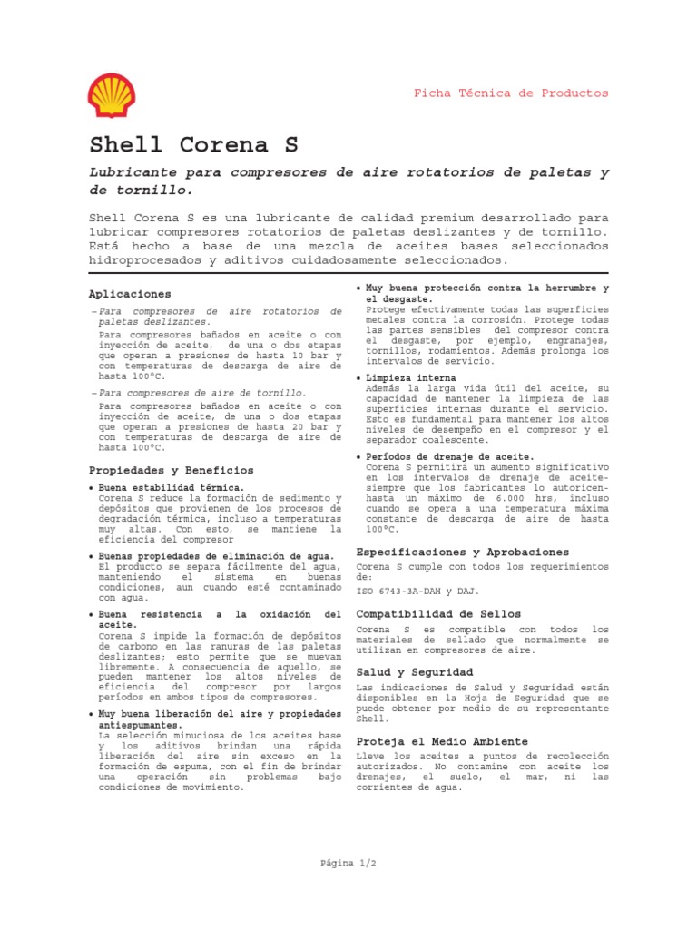Corena Shell Fichatec | PDF | Lubricante | Agua