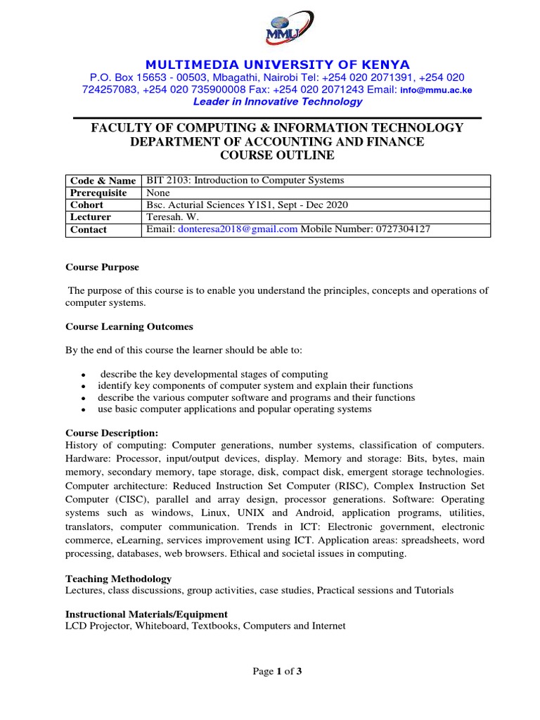 Course Outline Bcs 2114 Introduction To Computer Systems Descargar Gratis Pdf Computer Data