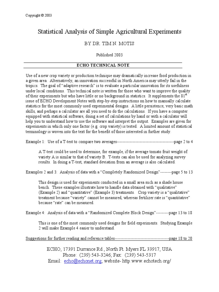 Tn 50 Statistical Analysis Of Simple Agricultural Experiments Pdf