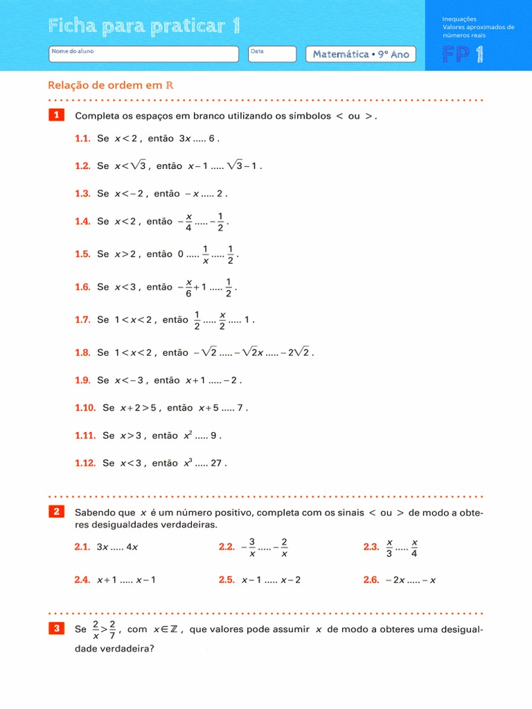 Mat 9 Caderno de Fichas 1 - Inequações | PDF