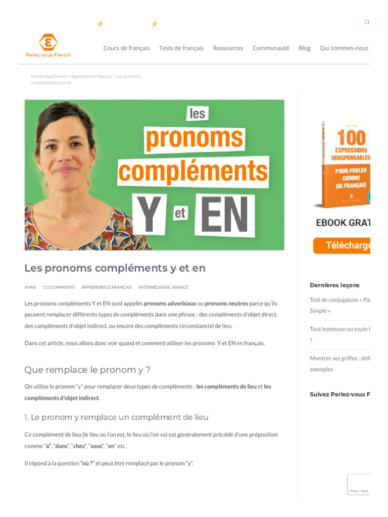 Les Pronoms Compléments y Et en - Parlez-Vous French | PDF | Complément ...