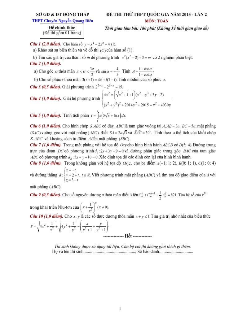 De Thi Thu THPT Quoc Gia 2015 Mon Toan Truong Chuyen Nguyen Quang Dieu Dong Thap Lan 2 | PDF