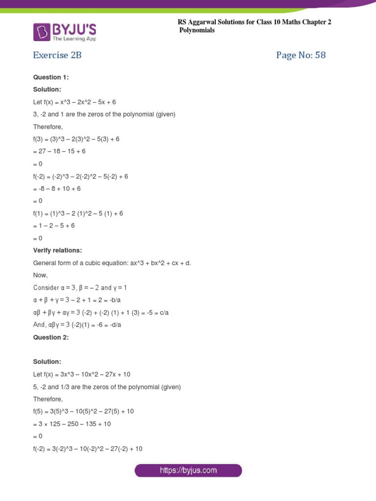 RS Aggarwal Solution Class 10 Maths Chapter 2 Polynomials Exercise 2B | PDF | Zero Of A Function ...