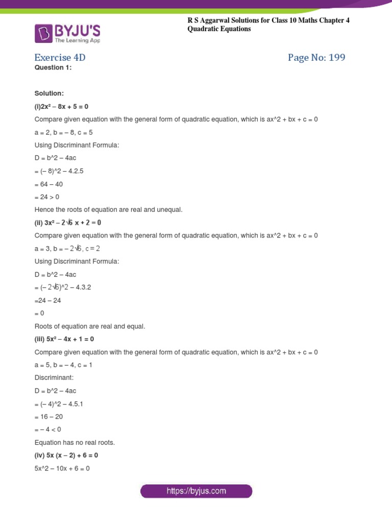 RS Aggarwal Solution Class 10 Maths Chapter 4 Quadratic Equations Exercise 4D | PDF | Quadratic ...