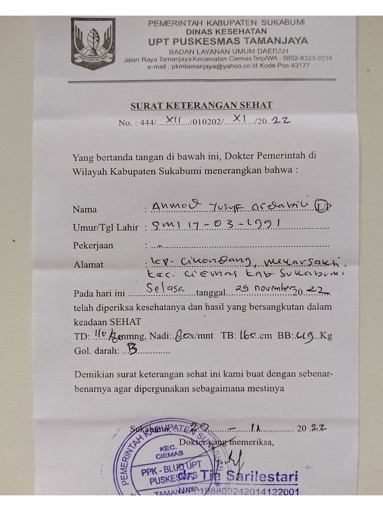 Contoh Surat Keterangan Sehat Dari Puskesmas | PDF