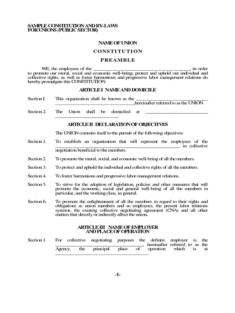 Sample Constitution and By-Laws For Union (Public Sector) | PDF ...