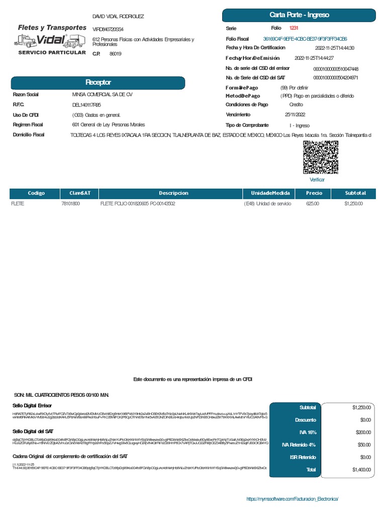 Carta Porte Ingreso 1 250 00 625 00 E48 Unidad De Servicio
