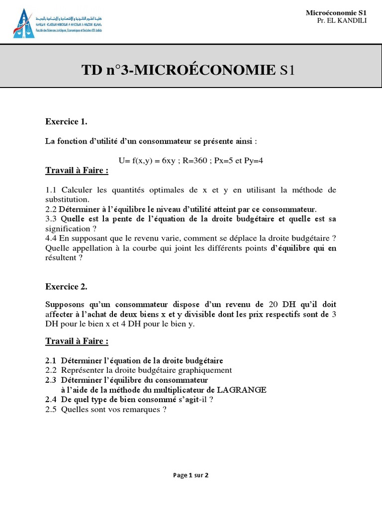 TD n°3-MicroéconomieS1-Enoncé | PDF