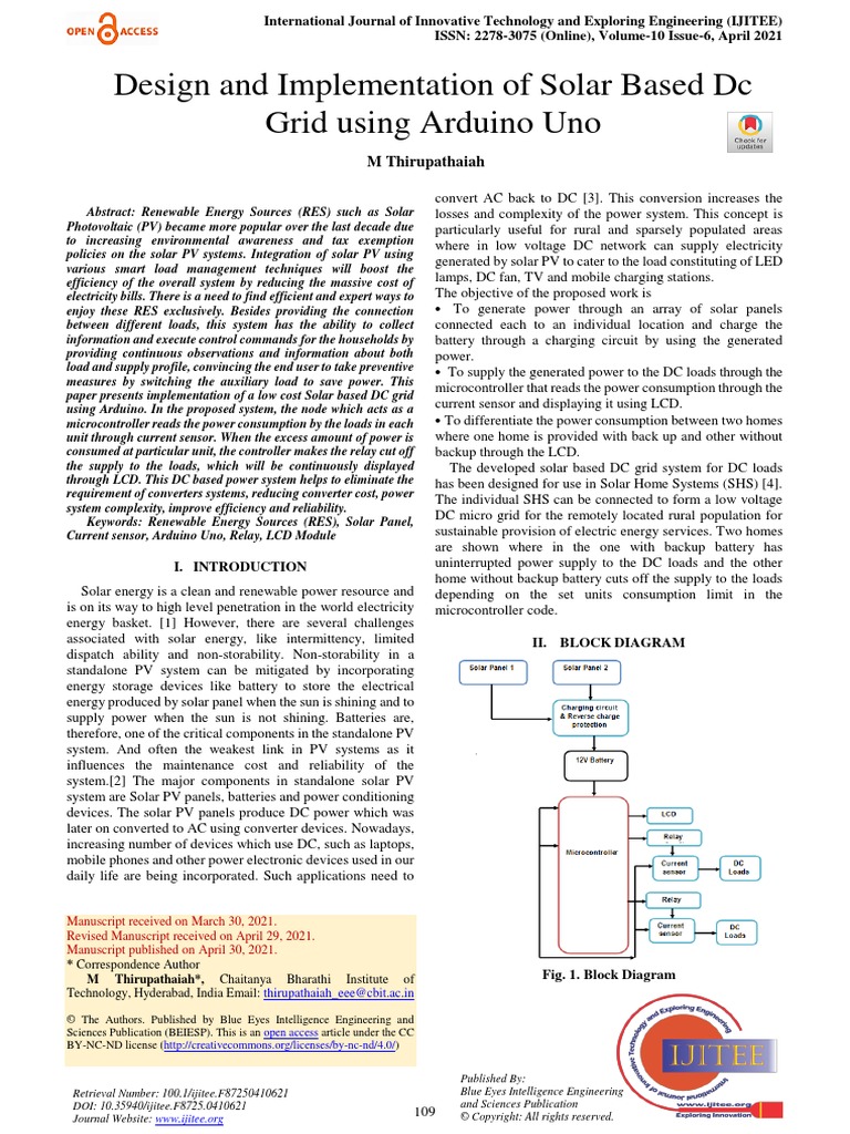Design and Implementation of Solar Based DC Grid Using Arduino Uno ...