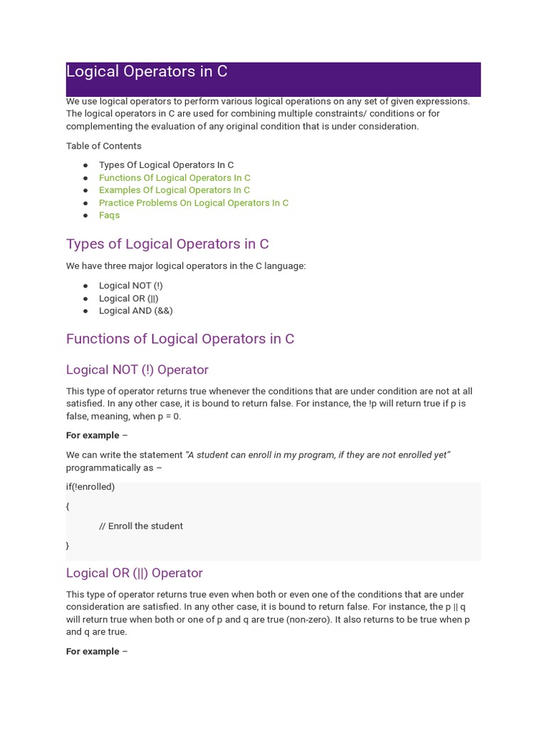 Logical Operators in C | PDF | Logic | Mathematical Logic