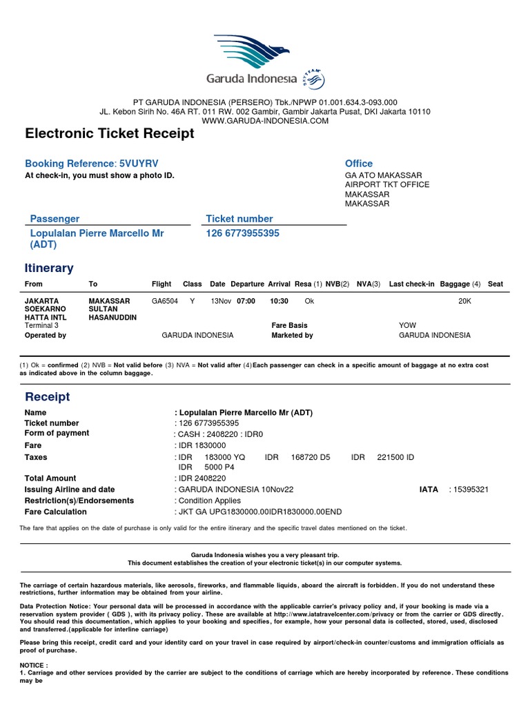 Garuda Indonesia Electronic Ticket Receipt | PDF | Dangerous Goods ...