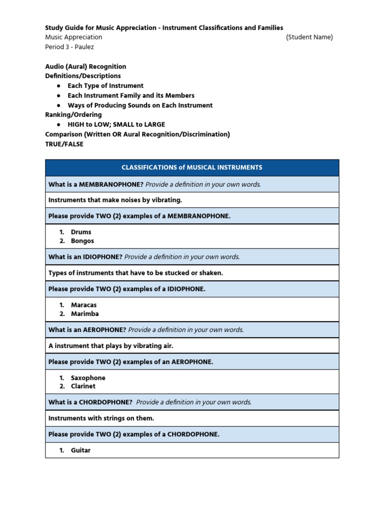 Study Guide For Music Appreciation - Instrument Classifications and ...