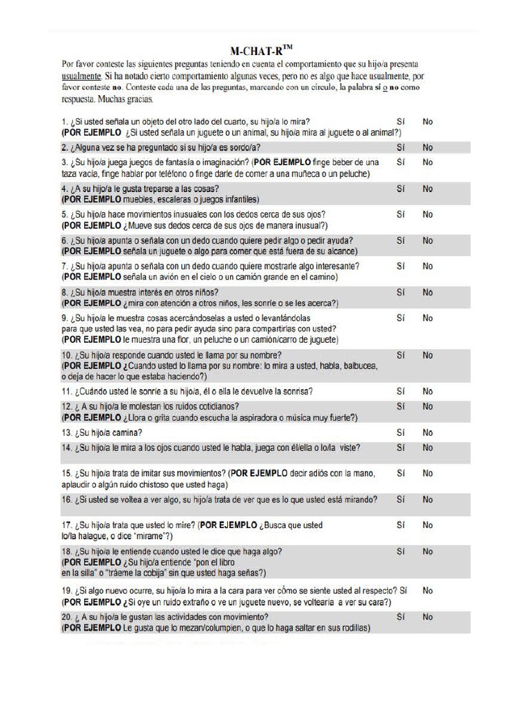 Cuestionario Autismo M Chat | PDF