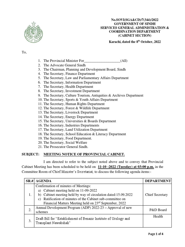 Sindh Cabinet Meeting Agenda - Oct 11, 2022 | PDF | Government