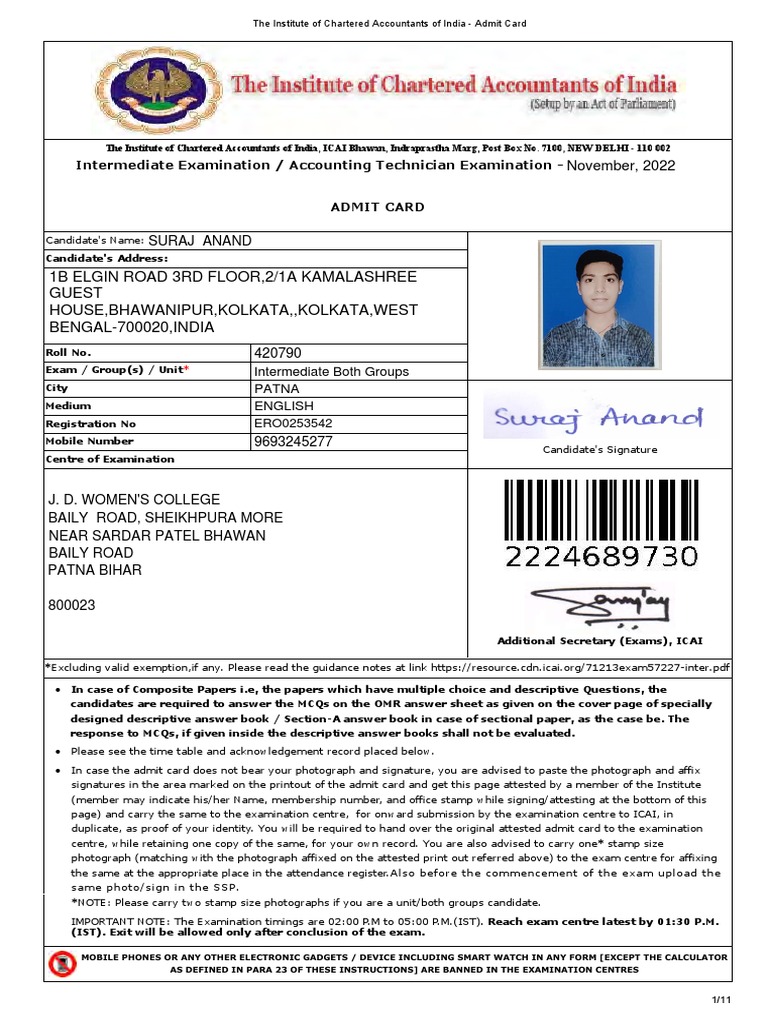 ICAI Admit Card for Intermediate Exams | PDF | Multiple Choice | Test ...