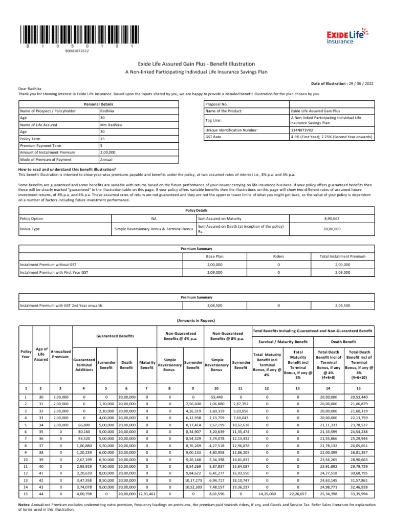 Exide Life Assured Gain Plus-Wed Jun 29 10 - 00 - 09 IST 2022 | PDF