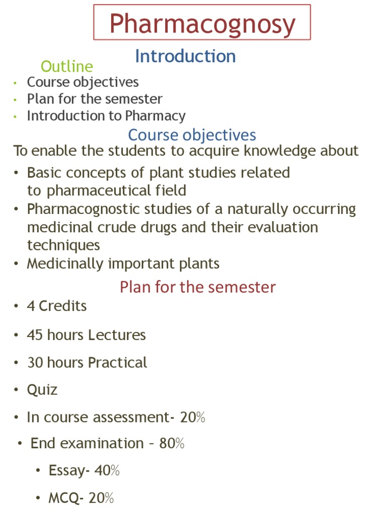 Outline: Course Objectives Plan For The Semester Introduction To Pharmacy | PDF | Pharmacy ...