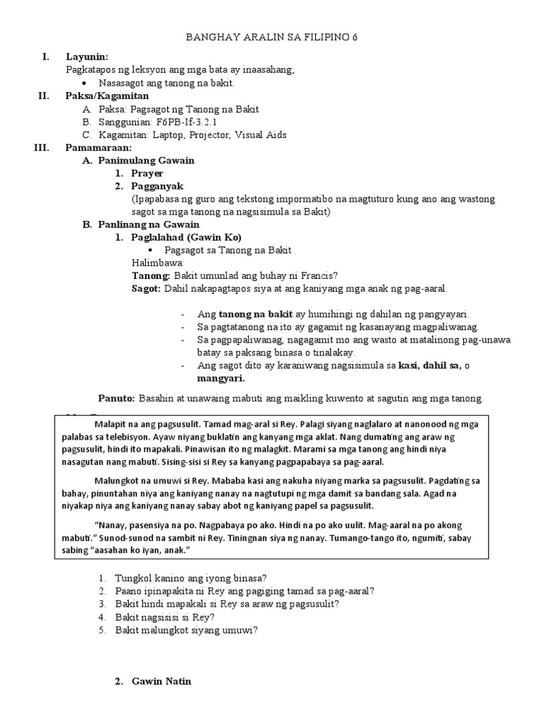 Banghay Aralin Sa Filipino 6 | PDF