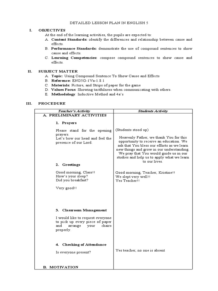 Cause and Effect in Compound Sentences | PDF | Lesson Plan | Teachers