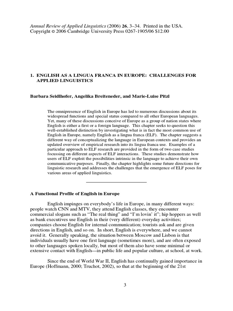 English As A Lingua Franca in Europe Cha | PDF | English As A Second Or ...