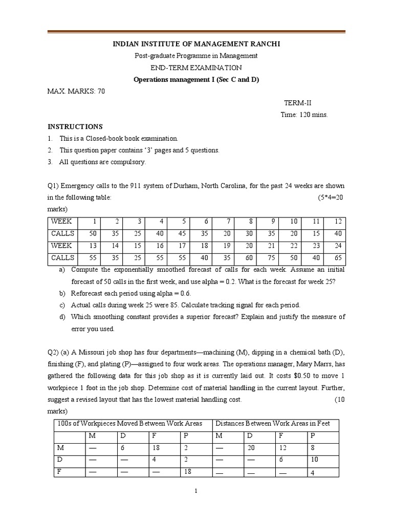 Question Paper MBA OM I 2021 | PDF | Forecasting | Business
