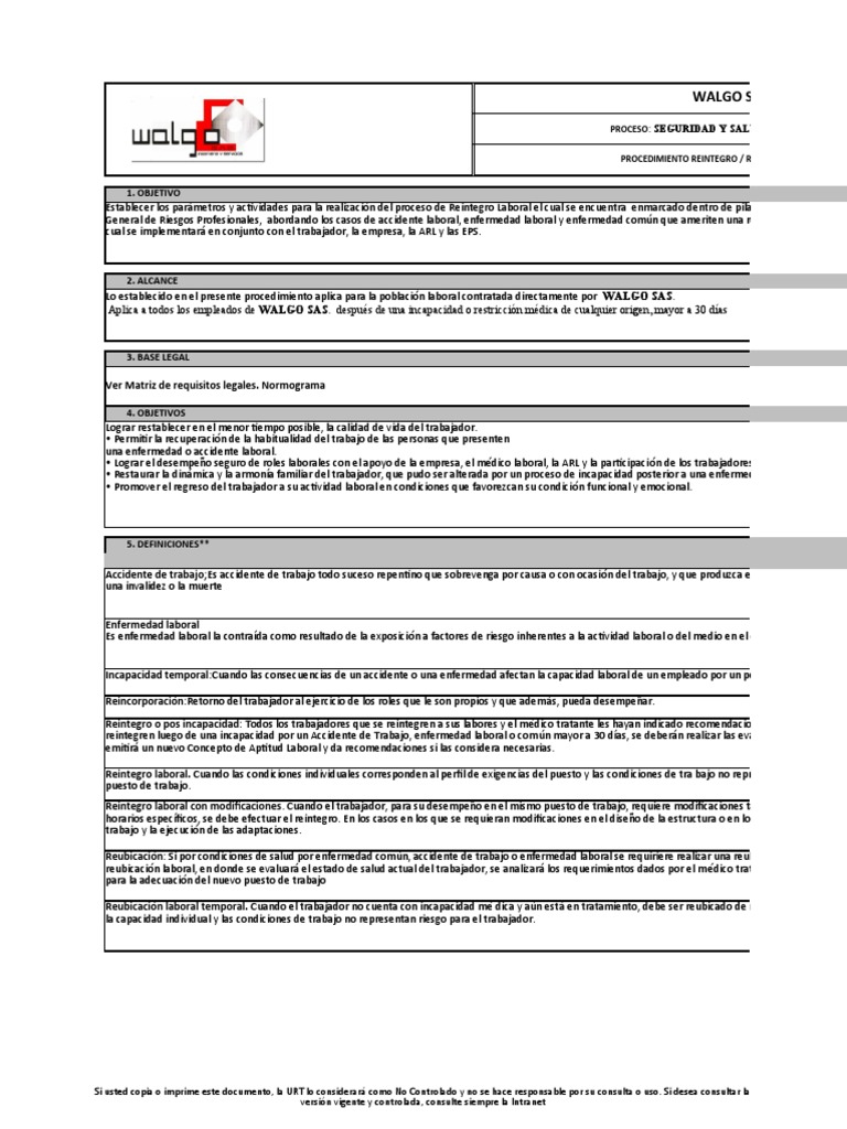 Procedimiento Reintegro Laboral WALGO | PDF | Ciencias de la Salud | Business