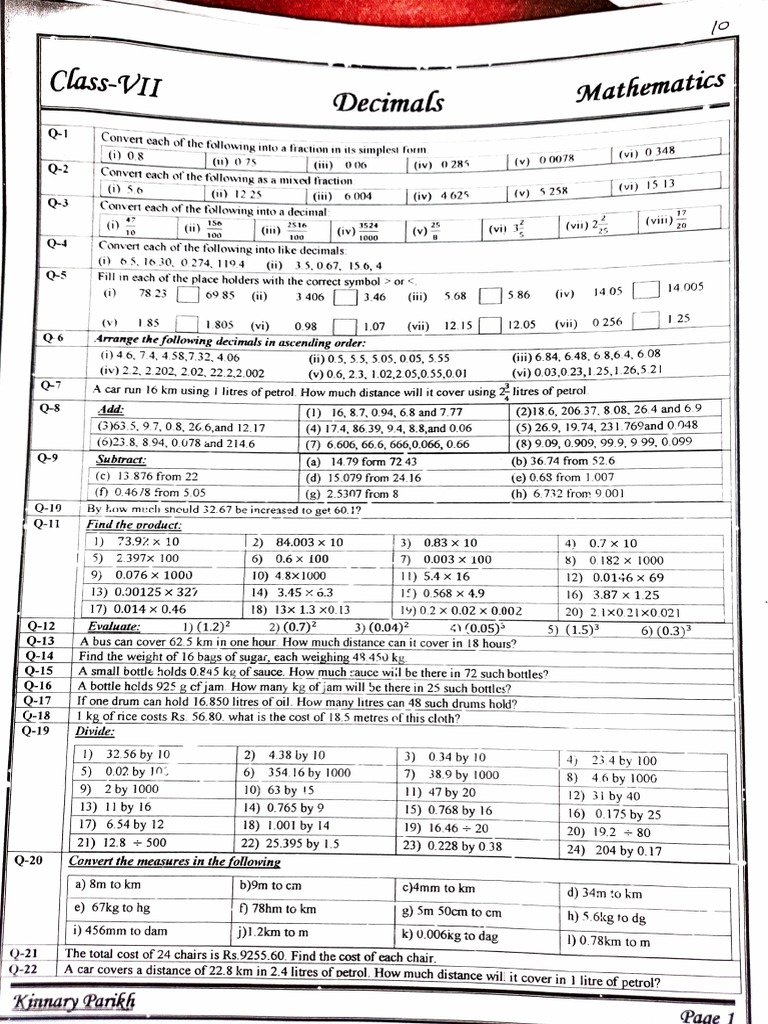 Class Vii Decimals | Download Free PDF | Mathematics | Science