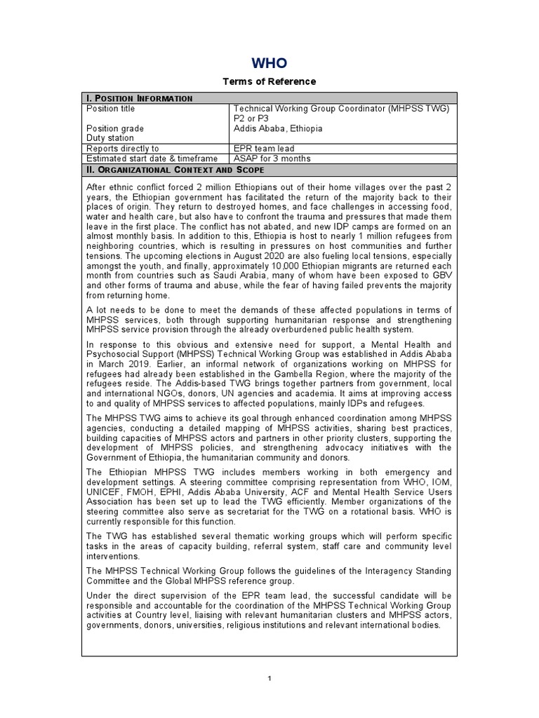 2020 MHPSS Ethiopia TOR Technical Working Group Coordinator | PDF ...