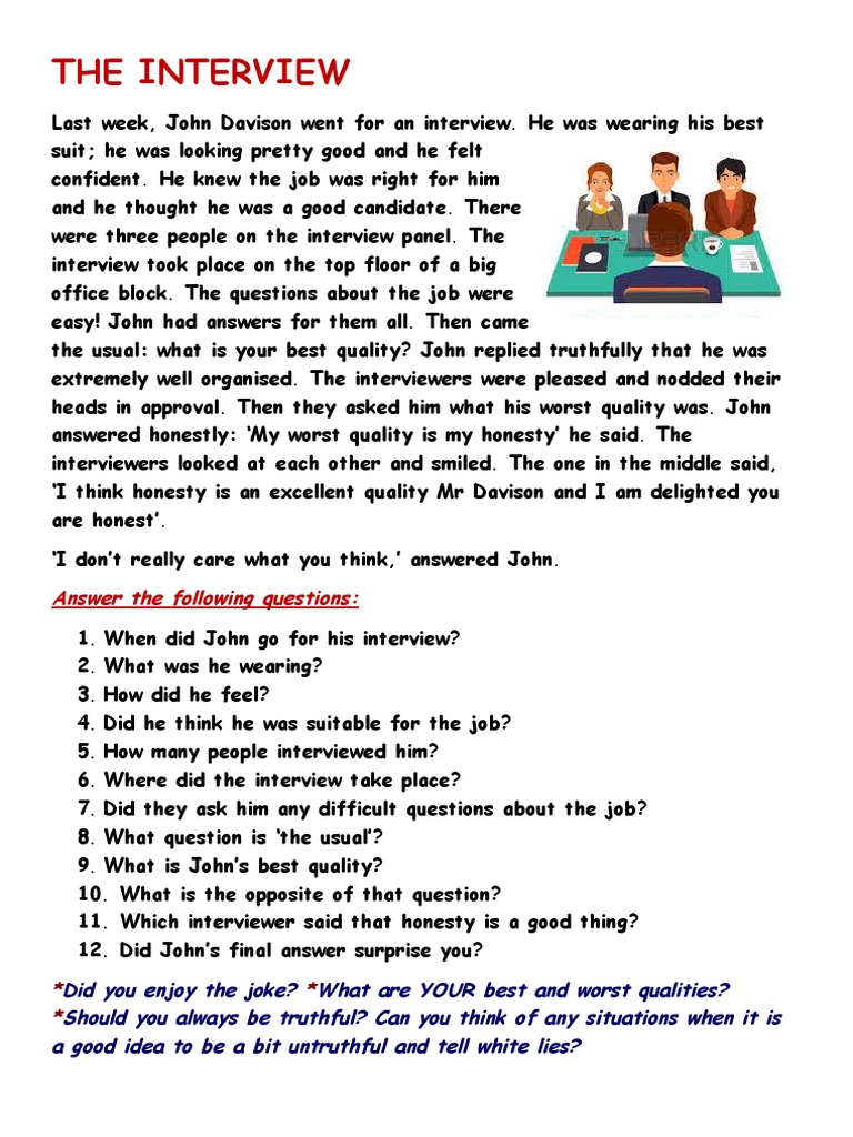 RC The Interview Reading Comprehension Exercises - 145420 | PDF