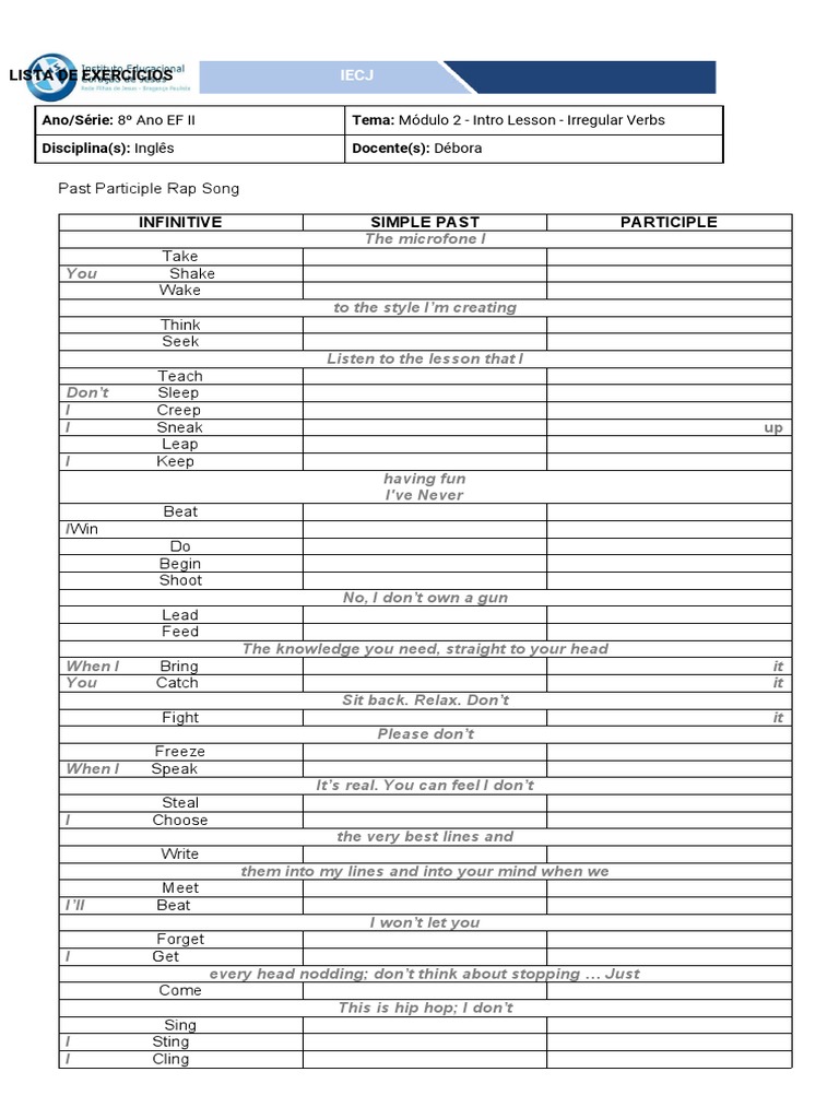 8º Ano - Módulo 1 - Irregular Verbs Rap Song | PDF | Grammar | Linguistics