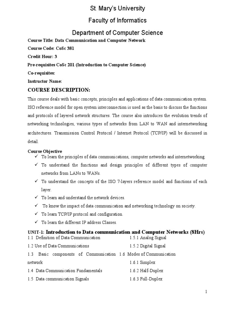 Data Communication and Computer Network Course Outline | PDF | Computer ... Data Communication and Computer Network Course Outline | PDF | Computer ...
