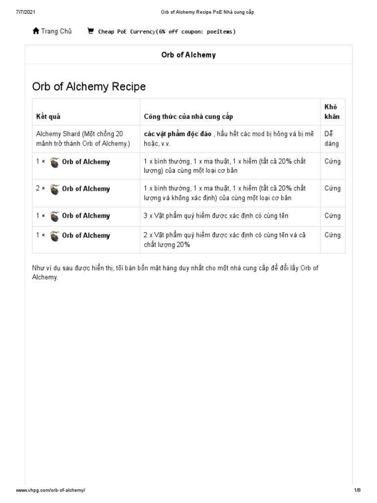 Orb of Alchemy Recipe PoE Nhà cung cấp | PDF