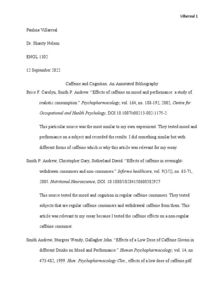 Annotated Bibliography Essay 1 | PDF | Caffeine | Psychopharmacology