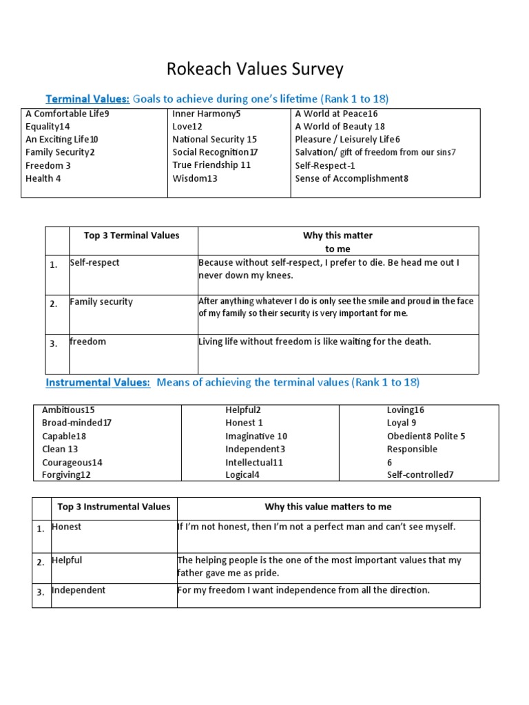 Rokeach Values Survey: Terminal Values: Goals To Achieve During One's Lifetime (Rank 1 To 18) | PDF