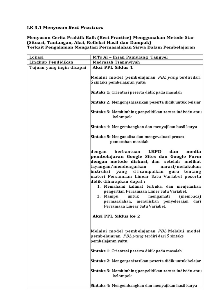 LK 3.1 Best Practice (Bambang Suprayogi PPG Daljab Batch3 2022) | PDF