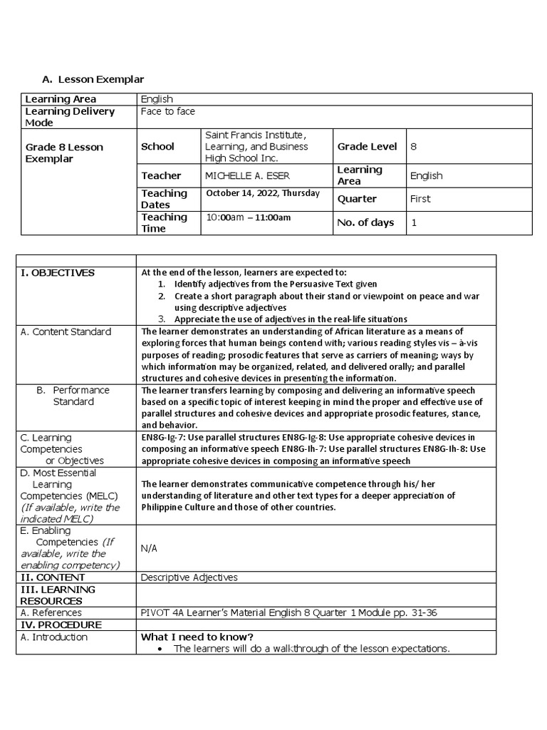 Lesson Exemplar.grade 8 Adjectives | PDF | Learning | Adjective
