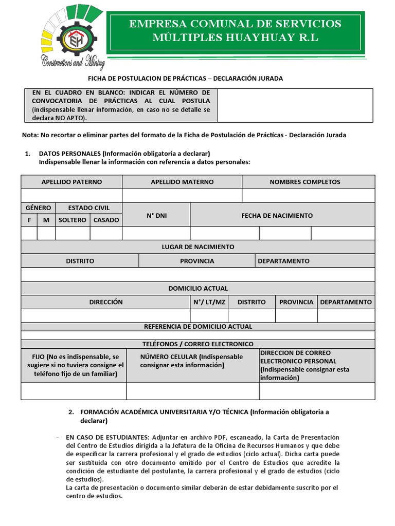 Ficha de Postulacion - Declaracion Jurada - Anexo 1 | PDF