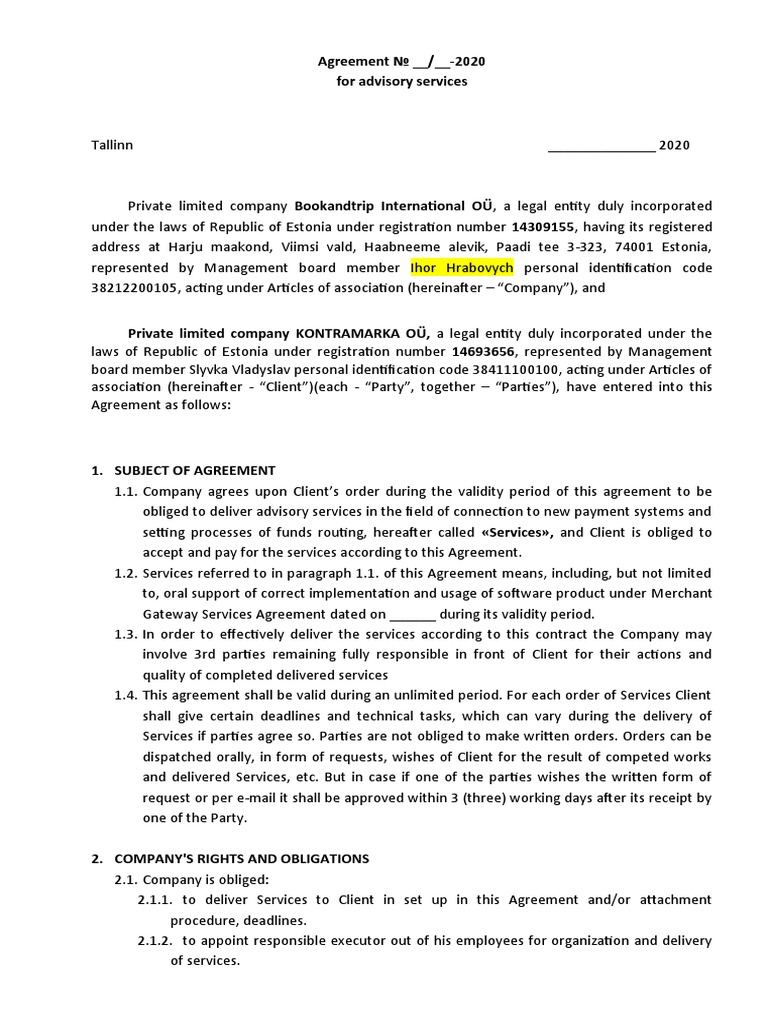 Advisory Services Agreement with KONTRAMARKA OÜ | PDF | Confidentiality ...