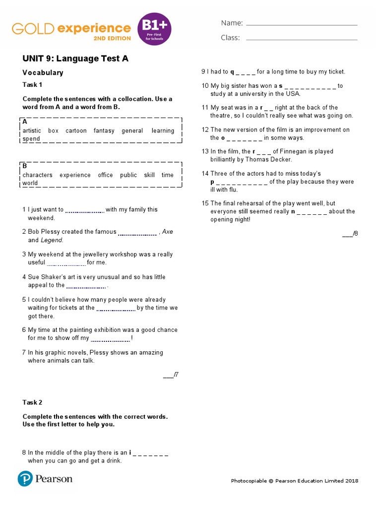 Gold Exp B1P U9 Lang Test A | PDF