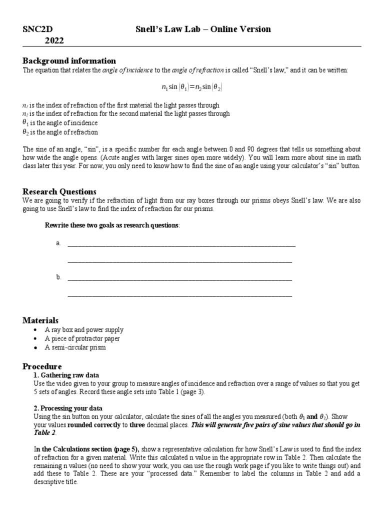 Snell's Law Scaffolded Lab | PDF | Refraction | Refractive Index