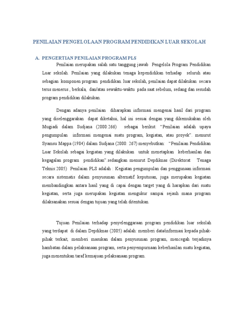 PENILAIAN PROGRAM PENDIDIKAN LUAR SEKOLAH: TINJAUAN KONDISI SAAT INI DAN SOLUSI YANG DIAJUKAN | PDF