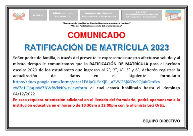 Comunicado de Ratificación de Matrícula 2023 | PDF